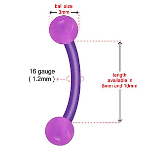 Curved Barbells 16Gx3/8 (1.2x10MM) Flexible Banana with 3MM UV Ball Eyebrow Rings - 10 Pieces Assorted Color as Show