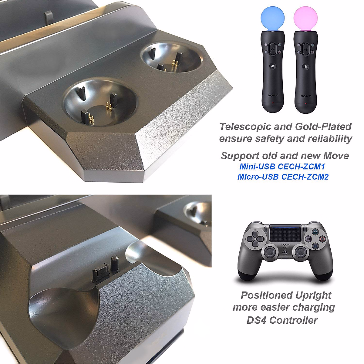 PS4 Stand Vertical Display Stand Charger for PlayStation PS VR Headset, PS4, Pro, Slim Console, DualShock 4 & Move Motion Controller