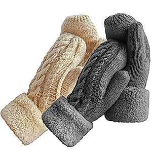 Women's Winter Gloves Warm Lining - Cozy Wool Knit Thick Gloves Mittens in 11 color (Beige+dark gray)