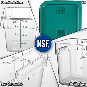 CURTA 4 Pack Food Storage Container with Green Lid - NSF Commercial Grade in 4.0 Qt - Square, Clear, Polycarbonate
