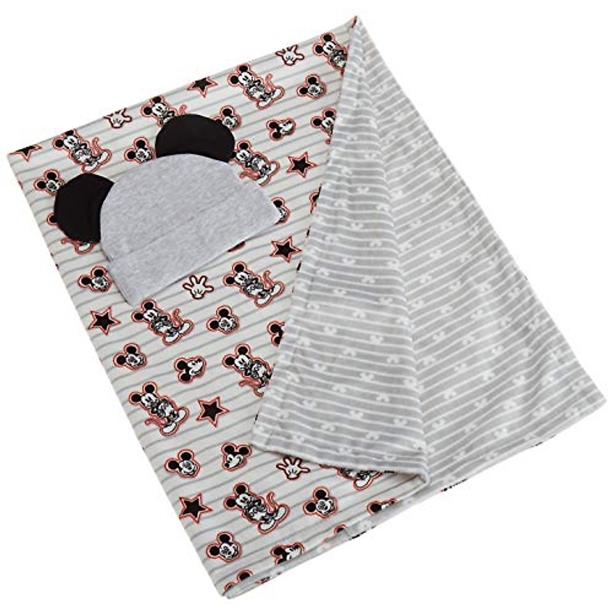 Cudlie Disney Baby Boy Mickey Mouse Reversable Double Sided Mink Blanket & Grey Micky Cap with Ears