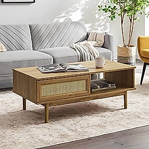 mopio Haylee Modern Boho Rectangle Farmhouse Coffee Table with Adjustable Natural Rattan Wicker Sliding Door, Solid Wood Leg, & Dual Storage Shelf for Living Room, Includes Leveler (Natural Oak)
