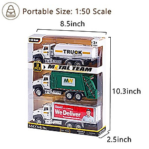G.C 3 Pack Diecast Transport Vehicles Truck Toys Set Garbage Truck Tanker Delivery Truck 1:50 Scale Pull Back Metal Model Car Toys for Boys