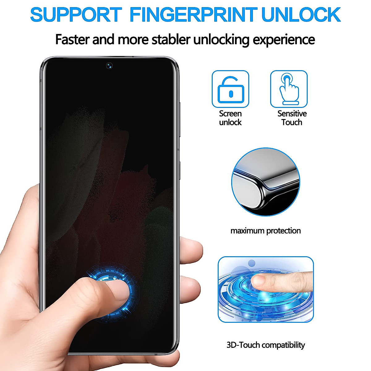 YWXTW [2 Pack] Privacy Support Fingerprint Unlock Screen Protector for Samsung Galaxy S21 Ultra,Tempered Glass HD Anti-Scratch Screen Protector 3D Curved Edge Easy Install Case Friendly
