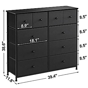 REAHOME 10 Drawer Dresser for Bedroom Fabric Storage Tower Wide Black Dresser with Wood Top Sturdy Steel Frame Storage Organizer Unit for Living Room Hallway Entryway Closets Nursery (Black Grey)