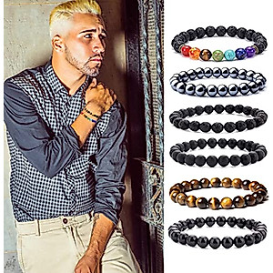 SAMOCO 12 Pcs Adjustable Lava Rock Stone Essential Oil Diffuser Bracelet Braided Elastic Rope Stone Yoga Beads Bracelets for Men Women