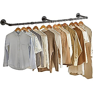 IBUYKE 70 Inch Industrial Pipe Clothes Bar Rack, Wall Mounted Garment Hanging Storage Rail, for Bedroom, Living Room, Laundry Room, Retail Display, Triple Base, Black TYJ003H