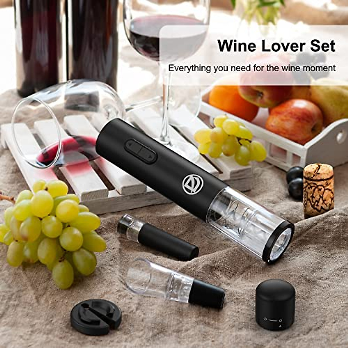 D Electric Wine Opener Automatic Battery Operated Wine Bottle Opener Set, Reusable Corkscrew Cordless Remover 5 Pcs Kit with Wine Pourer, Foil Cutter Wine Stopper for Wine Lovers Housewarming Gifts
