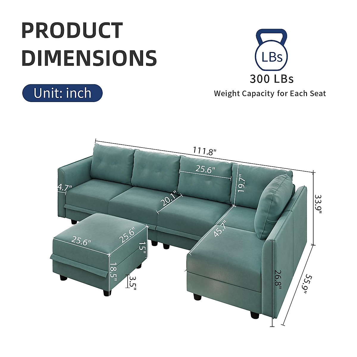 LLappuil Modular Sectional Sofa, Convertible L Shaped Sectional Couch with Storage, Faux Leather Fabric, Modular Sectionals with Chaise, 5 Seats with Ottoman Sofas for Living Room, Aqua Blue