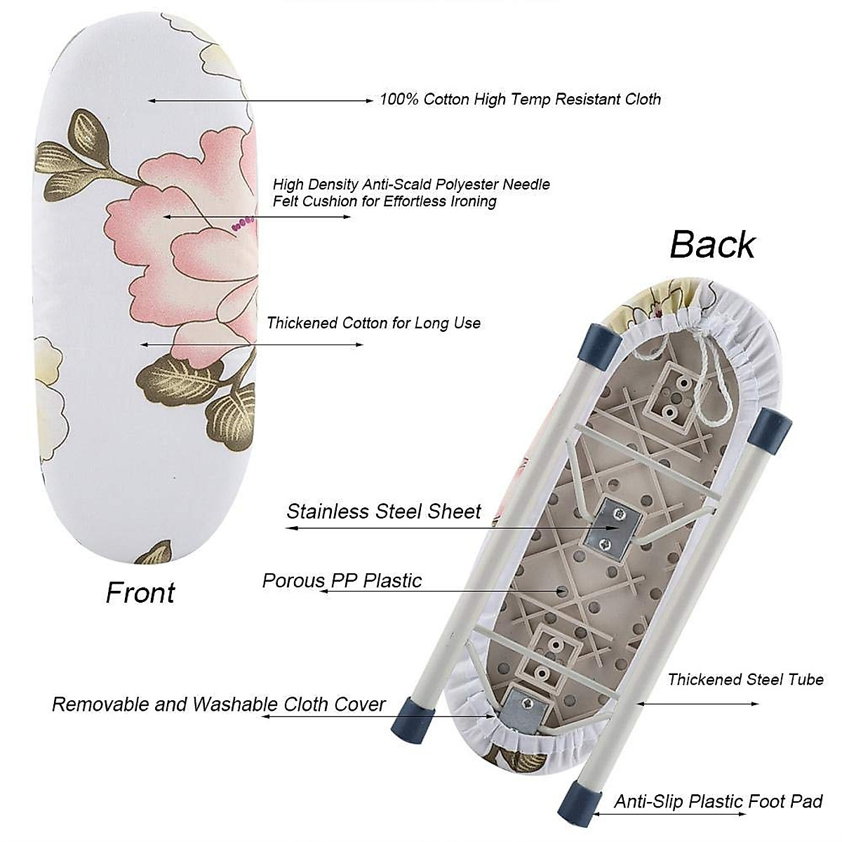 Ironing Board, Cotton Cloth Foldable Iron Board Ironing Boards Cuffs Collars Handling Table Space Saving Ironing Board for Small Spaces, Laundry Rooms Or Dorms (Peony)