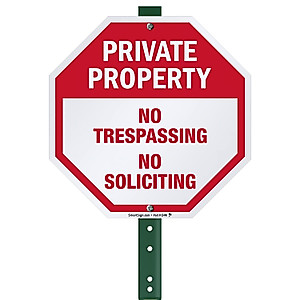 SmartSign 'Private Property - No Trespassing No Soliciting' Yard Sign (3 Ft Stake, 10 x 10 In, Red and White) 40 mil Laminated Rustproof Aluminum, Set of 1, Made in USA