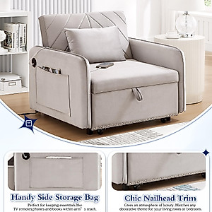 KINFFICT 3-in-1 Sleeper Chair, Convertible Chair Bed Pull Out Sleeper Chair Beds Adjustable Single Armchair Single Sofa Bed with USB Ports, Side Pocket for Living Room, Apartment, Office