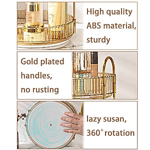 shuang qing Rotating Makeup Organizer for Vanity 3 Tier, High-Capacity Skincare Clear Make Up Storage Perfume Organizers Cosmetic Dresser Organizer Countertop 360 Spinning （Gold）