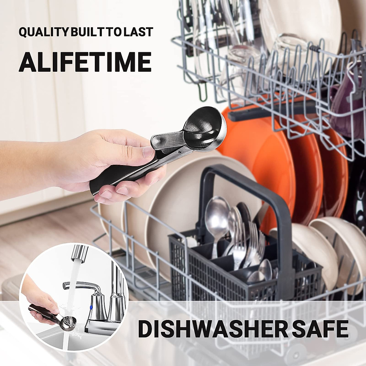 D Ice Cream Scoop, Stainless Steel Ice Cream Scooper with Trigger Release, Metal Cookie Scoops, Iceream Scoop Spoon for Meatball Frozen Yogurt Gelatos and Sundaes, Dishwasher Safe (Black)