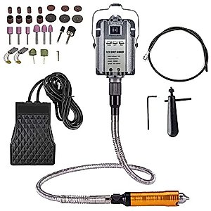 VOTOER 1200W Flex Shaft Grinder Rotary Tool Electric Hanging Carver, Forward and Reverse Rotation, Metalworking Jewelry Repair Kit, Foot Pedal Control, Metal Flexible Shaft, with Spare Inner Shaft