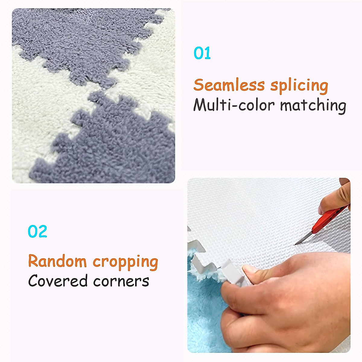12pcs Plush Interlocking Foam Mat, Shaggy Puzzle Play Flooring, Fuzzy Carpet Tiles, 12x12inch Square Area Rugs for Bedroom Playroom(Color:Pink+Gray)