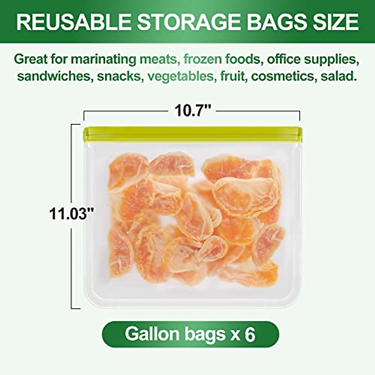 Reusable Food Storage Bags, 6 Pack Reusable Gallon Bags Seal & Leak Proof, BPA Free Reusable Freezer Bags for Travel, Marinate Meats, Fruit or food Storage