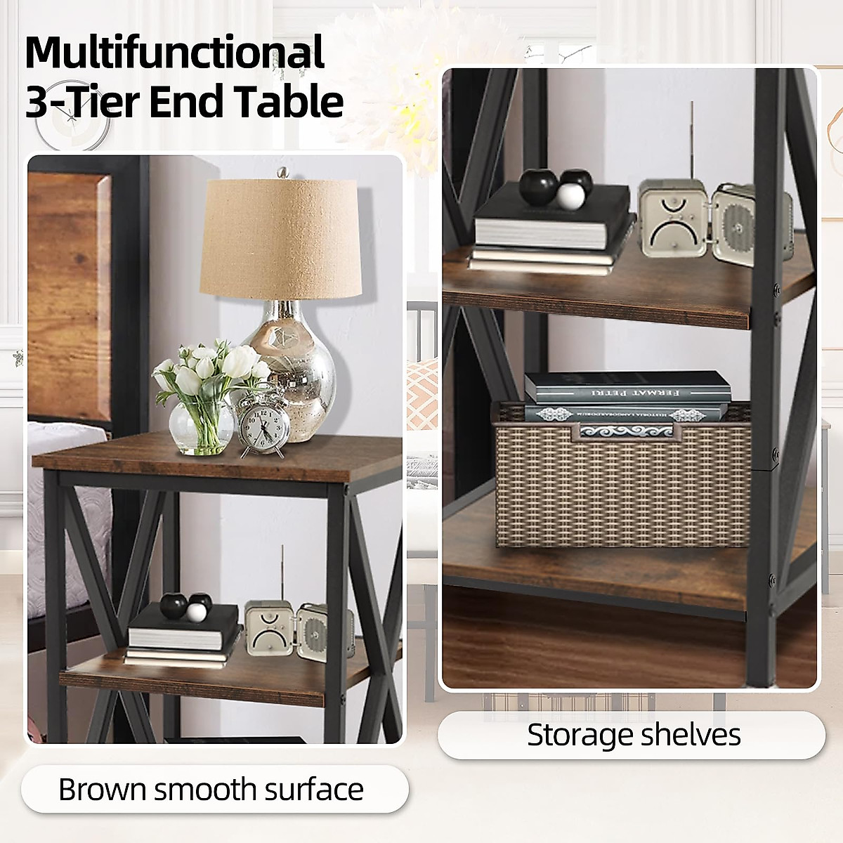 End Tables with Storage Shelf, 12" D x 16" W x 24" H, 3-Tier Side Table, End Tables Living Room Farmhouse, X-Shaped Night Stands for Bedrooms Bedside Tables