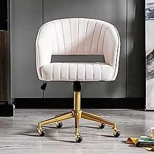 ABET Desk Chair with Wheels, Velvet Home Office Chair, Swivel Armchair with Gold Base, Upholstered Modern Accent Chairs, Back Incline Adjustable for Vanity Living Room Bedroom, Off-White Cream