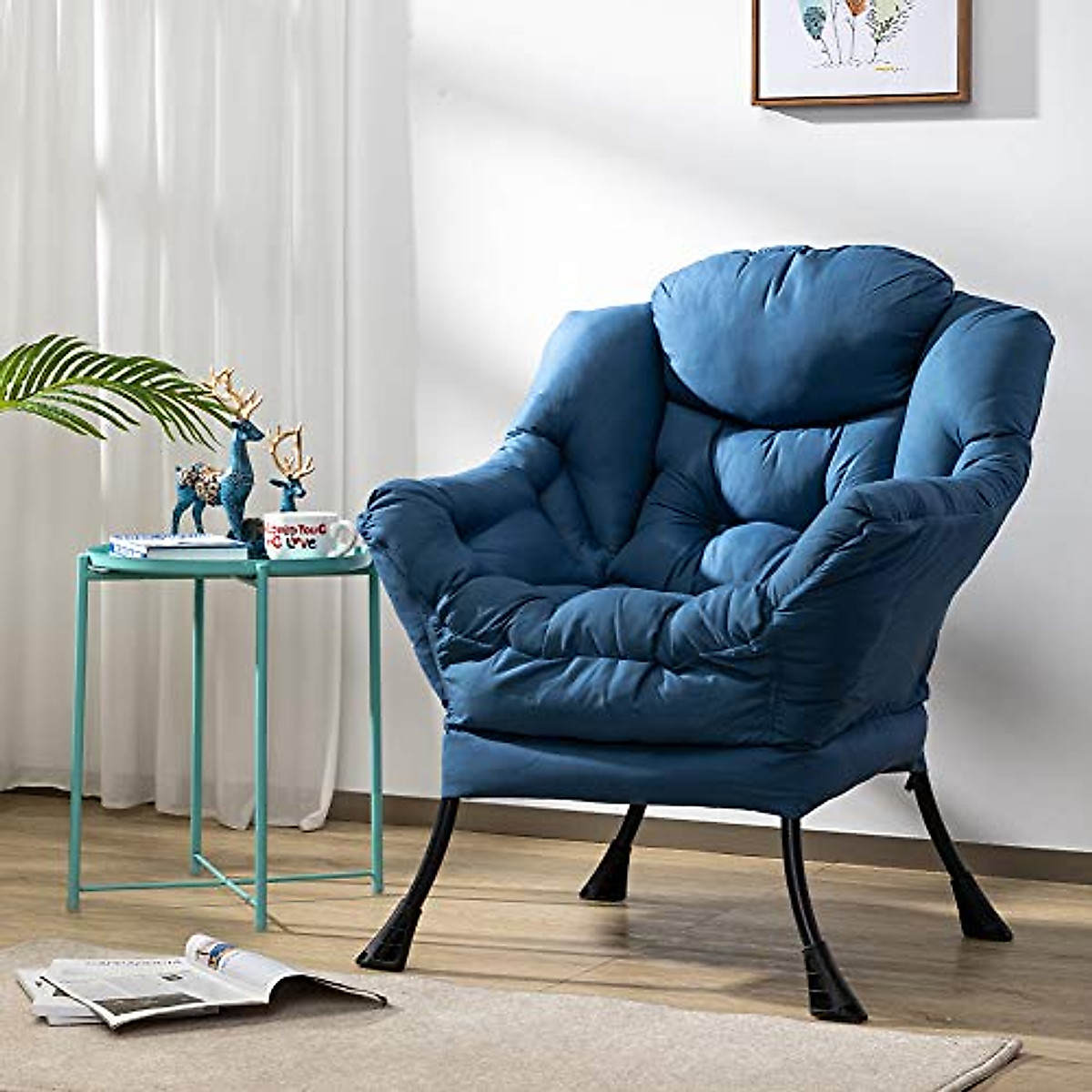 HollyHOME Modern Cotton Fabric Lazy Chair, Accent Contemporary Lounge Chair, Single Steel Frame Leisure Sofa Chair with Armrests and A Side Pocket, Thick Padded Back, Navy Blue