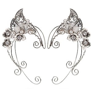 Generic Elf Ear Cuffs Handmade Clip on Earrings Pearl Crystal Wing Tassel Filigree Elven Earrings Wedding Holiday Jewelry Gift, 8x3.5cm, M9111009SU