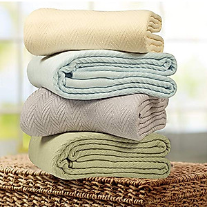Threadmill Luxury Cotton Blankets for Twin Size Bed | All-Season 100% Cotton Twin Blanket for Bed | Herringbone Soft & Cozy Fall Thermal Blanket, 350GSM, 68x92 inches | Sage Green