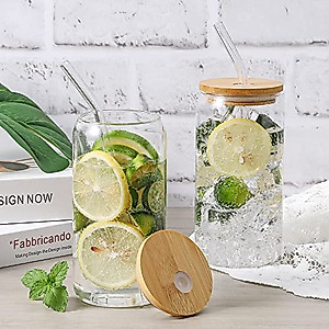 Drinking Glasses with Bamboo Lids and Glass Straw 8pcs Set, 16oz Beer Glasses Glass Cups, Iced Coffee Glasses, Ideal for Whiskey, Soda, Tea, Great Gift + 2 Cleaning Brushes