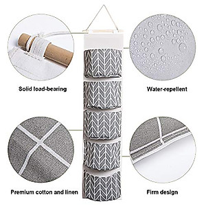 MODOWEY 2 Pack Over The Door Storage, Waterproof Wall Closet Hanging Storage Organizer with 5 Pockets, Cotton Linen Fabric Hanging Shelves Pocket for Wall Bedroom Bathroom (Grey)