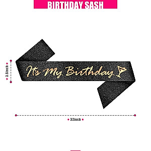 PartyForever Birthday Decoration Sash for Women Black 32 inch Long Sash with Rose Gold "It's My Birthday" Letters for 21st, 30th, 40th, 50th or 60th Birthday