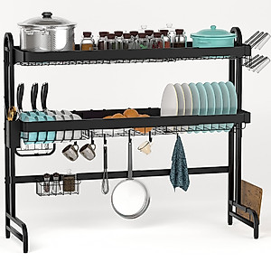 Over Sink Dish Drying Rack, Trustmade 3 Tier Full Stainless Steel Large Storage Adjustable Dish Rack (23.5''-36.6''), Expandable Kitchen Dish Drainer Shelf Rack with Hooks, Utensil Holder(Matte Black)