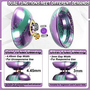 JOLESHARE Professional Unresponsive Yoyo for Pros and Responsive Yoyos for Kids Beginners, Package Includes Replaceable Responsive Bearings, yo-yo Gloves, and 5 yo-yo Cords(Purple Green)