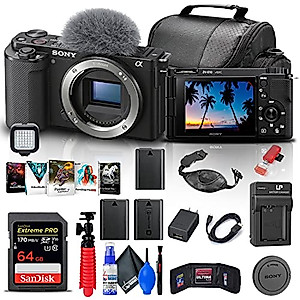 Sony ZV-E10 Mirrorless Camera (Body Only, Black) (ILCZV-E10/B) + 64GB Card + Corel Photo Software + Bag + 2 x NPF-W50 Battery + External Charger + Card Reader + LED Light + HDMI Cable + More (Renewed)