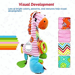 JERICETOY Car Seat Toy Baby Toy Infant Toy with Musical Box Stroller Toy Crib Toy Development Toy with Rattles Crinkle Teether Magic Mirror, Stroller Clip-On Carseat Cot Crib Bed Hanging Toy - Giraffe