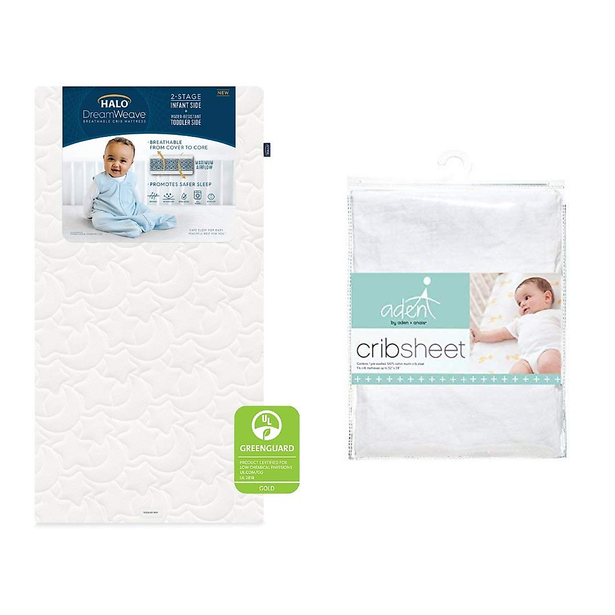 HALO DreamWeave Breathable Mesh Baby Crib Mattress and Aden + Anais Essentials Classic Crib Sheet, White