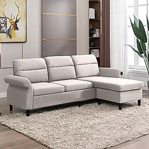 Mjkone 86" Convertible Sectional Sofa Couch, 3 Seat Sofas with 2 USB Ports and Adjustable Armrest, L Shaped Couch with Reversible Chaise, Couches for Living Room Apartment Office - Beige