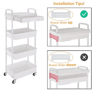Calmootey 4-Tier Rolling Utility Cart with Drawer,Multifunctional Storage Organizer with Plastic Shelf & Metal Wheel,Storage Cart for Kitchen,Bathroom,Living Room,Office,White