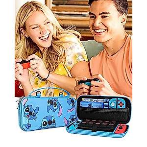 Xinocy for Nintendo Switch 9 in 1 Storage Accessories Kit with Travel Carrying Case+Switch Protective Cover+Game Case Holder+Strap+Sticker+2 Joycon Shells+2 Thumb Caps Cute for Boys Kids Girls -Stit