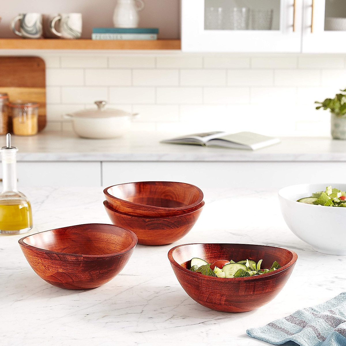 Lipper International Cherry Finished Wavy Rim Serving Bowls for Fruits or Salads, Matte, Small, 7.5" x 7.25" x 3", Set of 4 Bowls