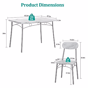 VECELO 5-Piece Dining Room Table Set, Rectangular Dinette with 4 Chairs for Kitchen, Breakfast Nook, Small Space, Marble White