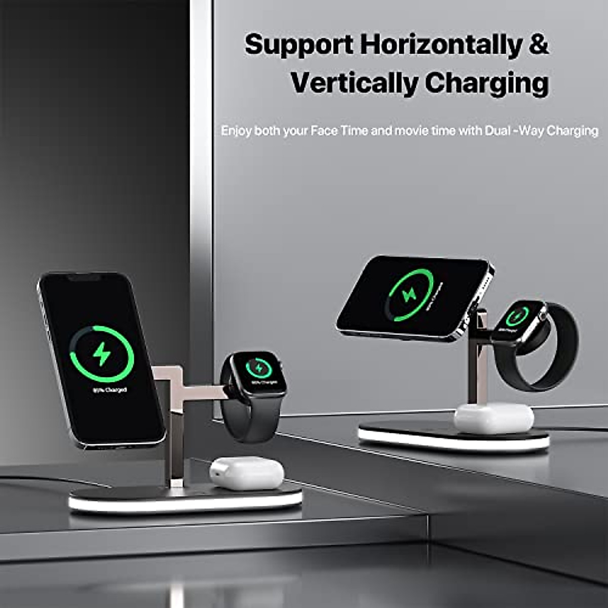 3 in 1 Aluminum Alloy Magnetic Wireless Charger for Magsafe Charger Stand GREENLEMON Fast Wireless Charging Station for iPhone 14 13/12 Series Apple Watch Airpods with LED Lamp 18W Adapter Black
