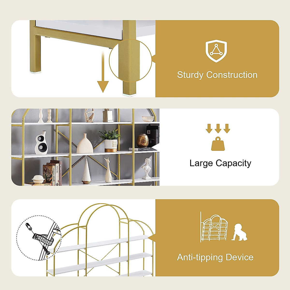 Merax Bookshelf 5 Tiers Bookcase, Gold Display Shelf Organizer with X Bar Frame, Crown-Shaped Design, White