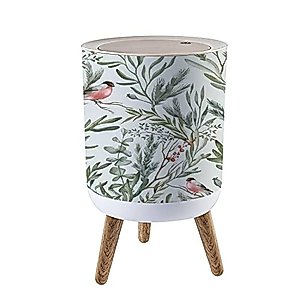 Small Trash Can with Lid Watercolor Seamless with Winter Leaves Branches Berries Bullfinch Bird 7 Liter Round Garbage Can Elasticity Press Cover Lid Wastebasket for Kitchen Bathroom Office 1.8 Gallon