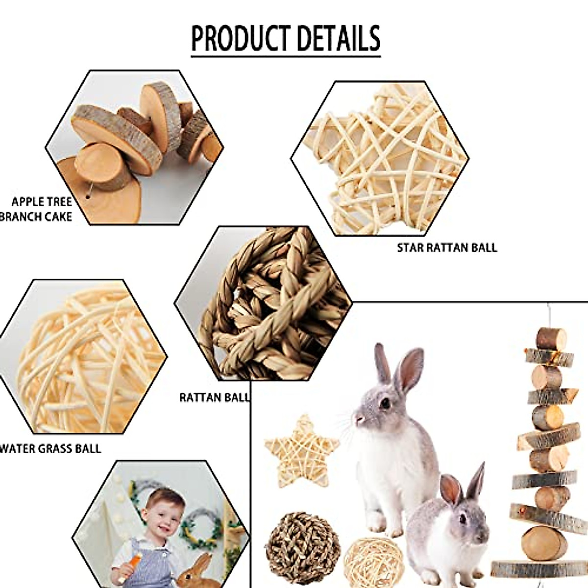 VCZONE Rabbit Chew Toys, Pet Bunny Tooth Chew Toys Organic Natural Apple Wood Grass Cake Ideal for Bunny, Chinchilla, Guinea Pigs, Hamsters Teeth Grinding (12 Pack)