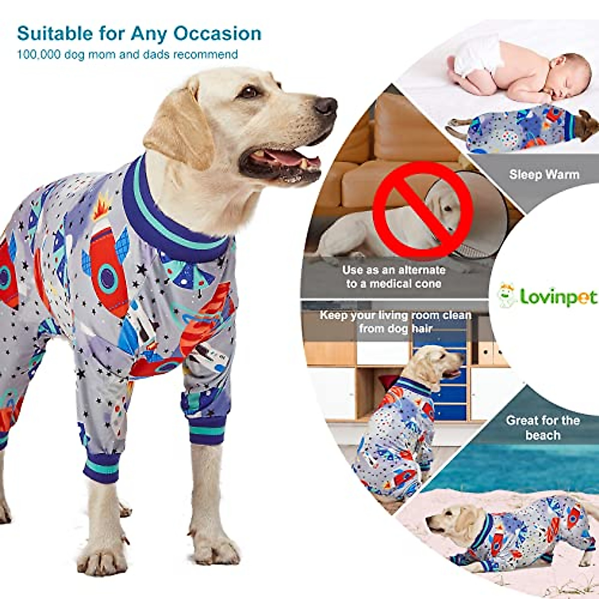 LovinPet Large Dog Wound Care/Surgery Recovery Clothes, Large Dog Pajamas, Lightweight Stretchy Jersey Knit, Galaxy World Gray Print, Big Dog Jammies,UV Protection,Large Breed Dog Onesie, Pet PJ's/XL