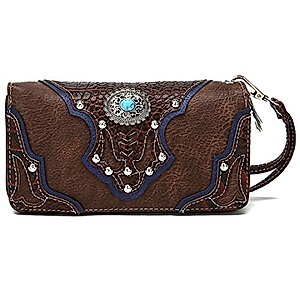 Conchos Studded Crocodile Laser Cut Cowgirl Western Style Country Purse Wrist Strap Women Wristlet Wallet (Brown), Large
