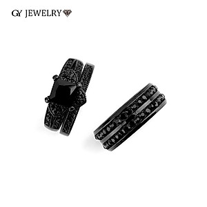 Couple Ring His Hers Women Black Gold Filled Cz Men Stainless Steel Bridal Sets Wedding Band
