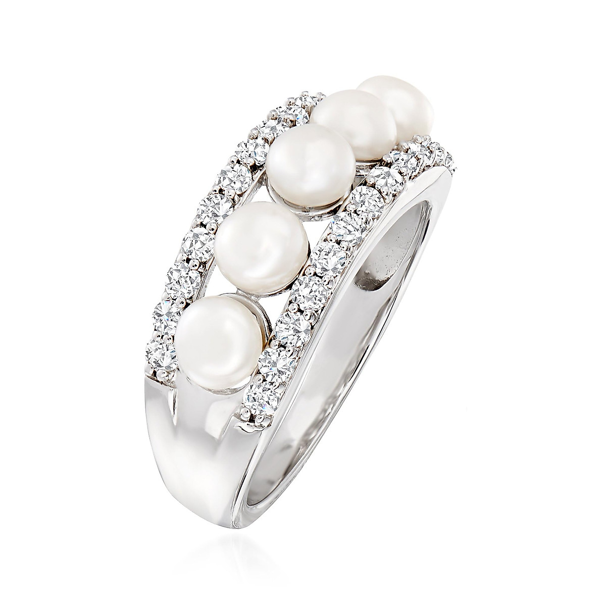 Ross-Simons 4.5mm Cultured Pearl and .70 ct. t.w. White Topaz Ring in Sterling Silver. Size 7