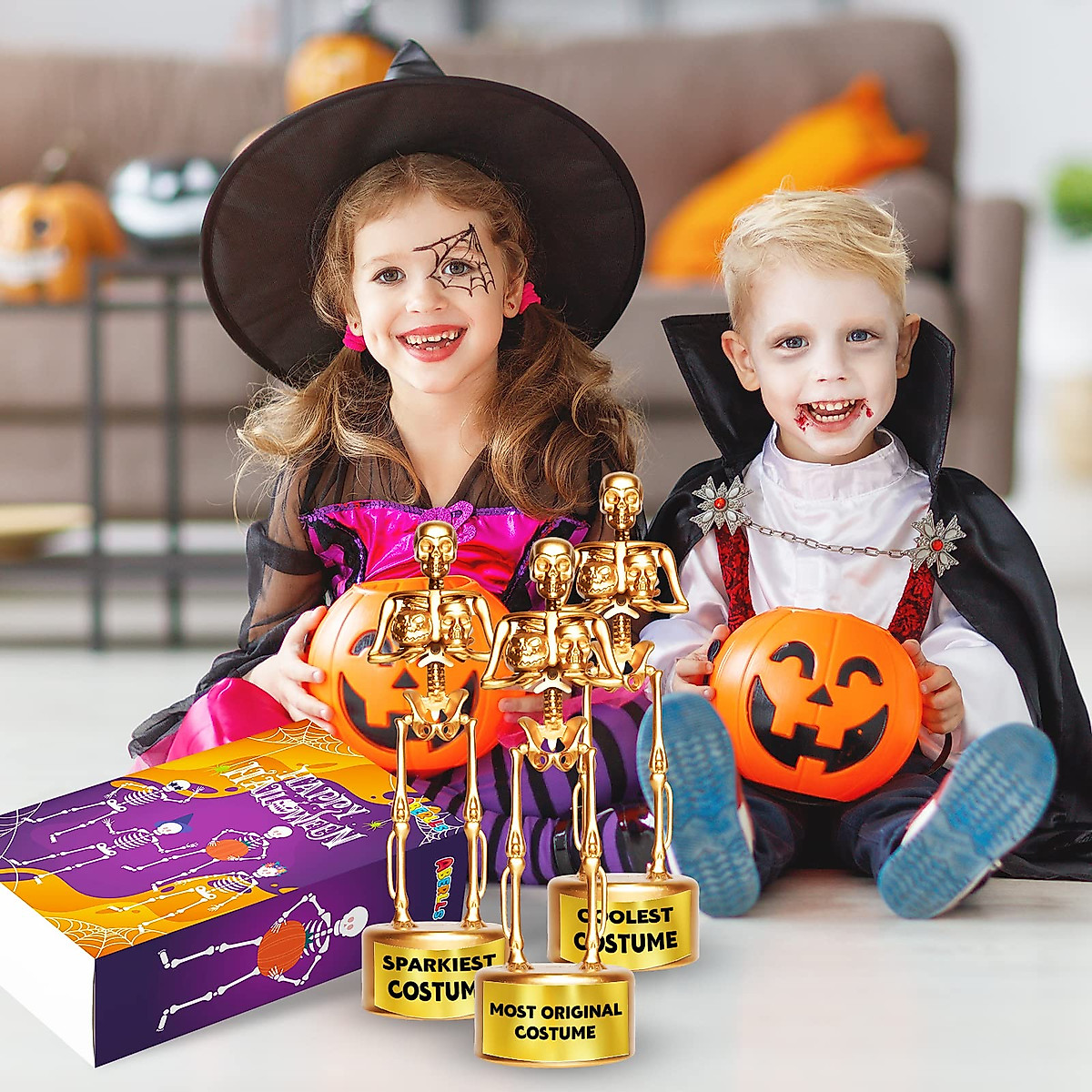 6 Halloween Best Costume Skeleton Trophy, Halloween Skull Party Favor Prizes, Halloween Party Supplies Gold Bones Game Awards, Costume Contest Event Trophy, School Classroom Rewards for Kids(C)