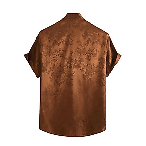 Floerns Men's Floral Jacquard Short Sleeve Button Front Satin Shirt Blouse Top Brown XL
