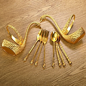 Pumtus 14 Pack Swan Base Holder with Coffee Spoon Forks, Gold Creative Dessert Flatware Set, Decorative Party Golden Serving Teaspoons for Stirring, Mixing, Sugar, Ice Cream, Fruit, 6 Spoons, 6 Forks